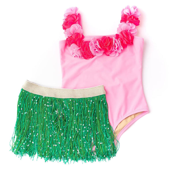 Light Pink Girls Hula Girl Lei One Piece & Fringe Skirt Swim Set