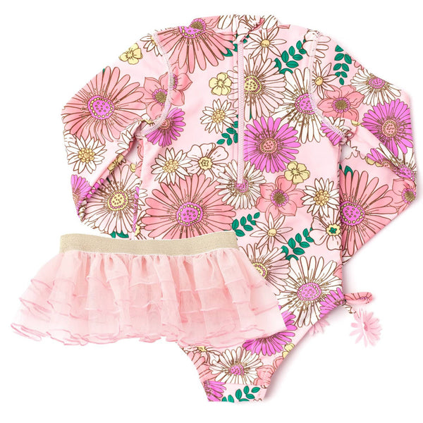 Retro Blossom Girls Long Sleeve One Piece & Tutu Swim Set