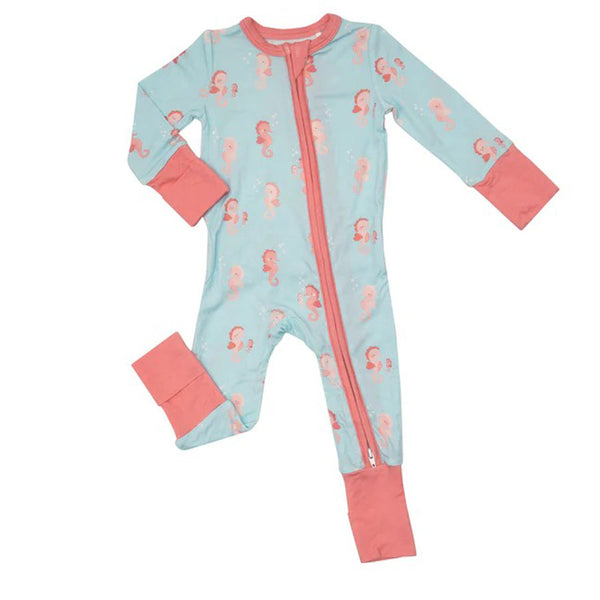 2-Way Ruffle Back Zipper Romper - Baby Pink Seahorses